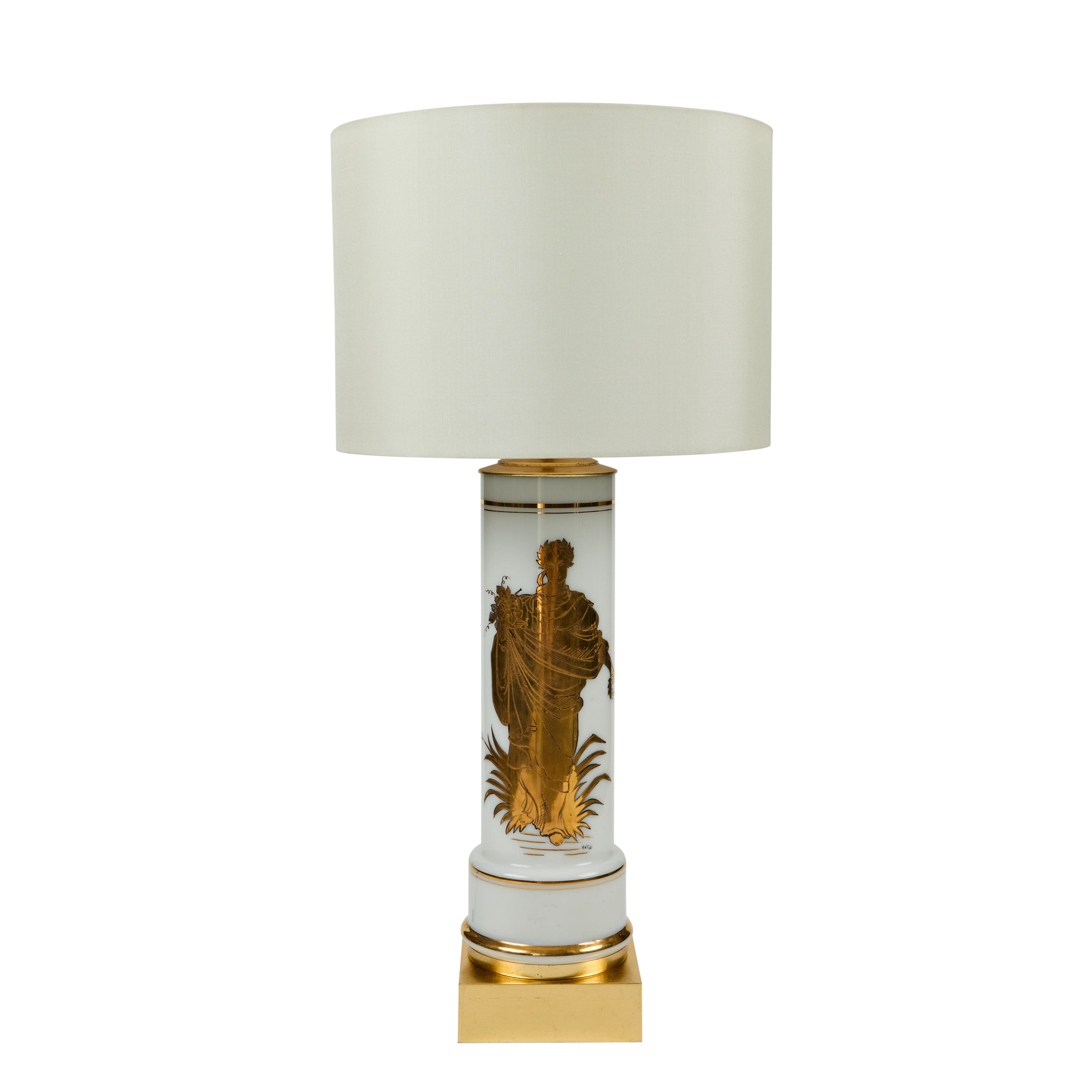 Vintage White Glass Cylinder Lamp with Gold Greek Figure – Maude Woods