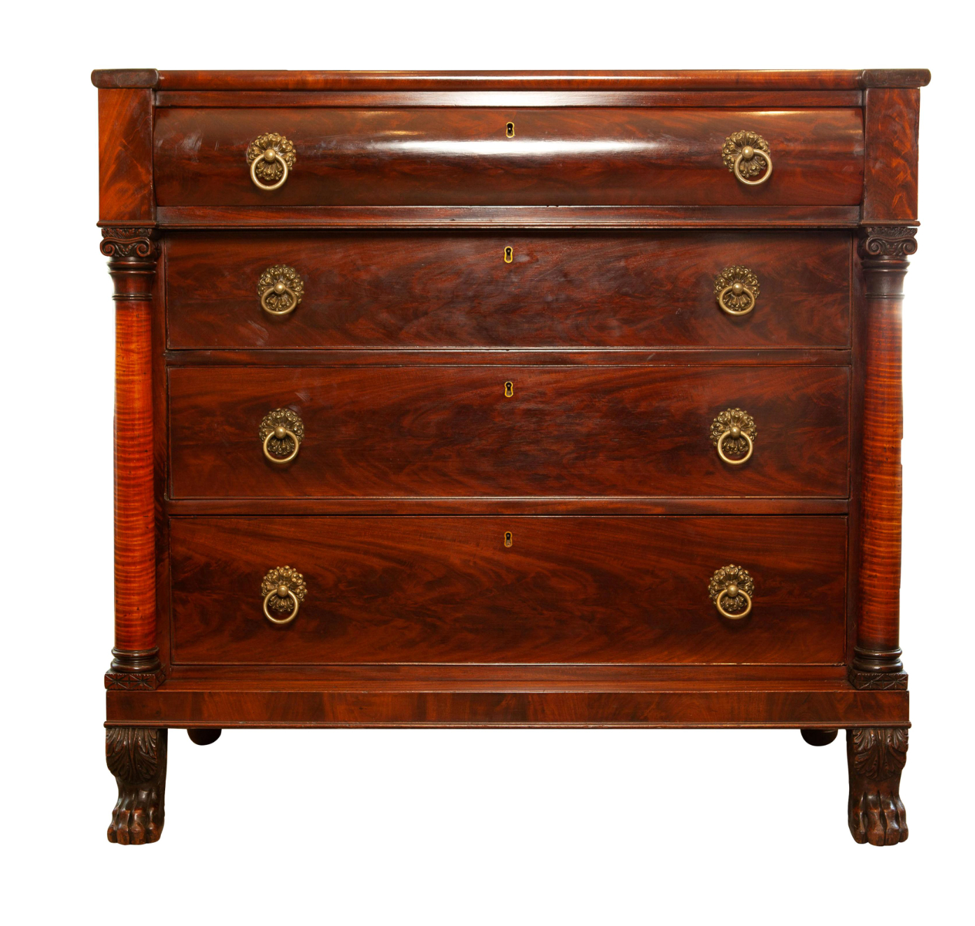 Antique American Empire Mahogany Wood 4 Drawer Chest w/ Claw Feet + Or ...